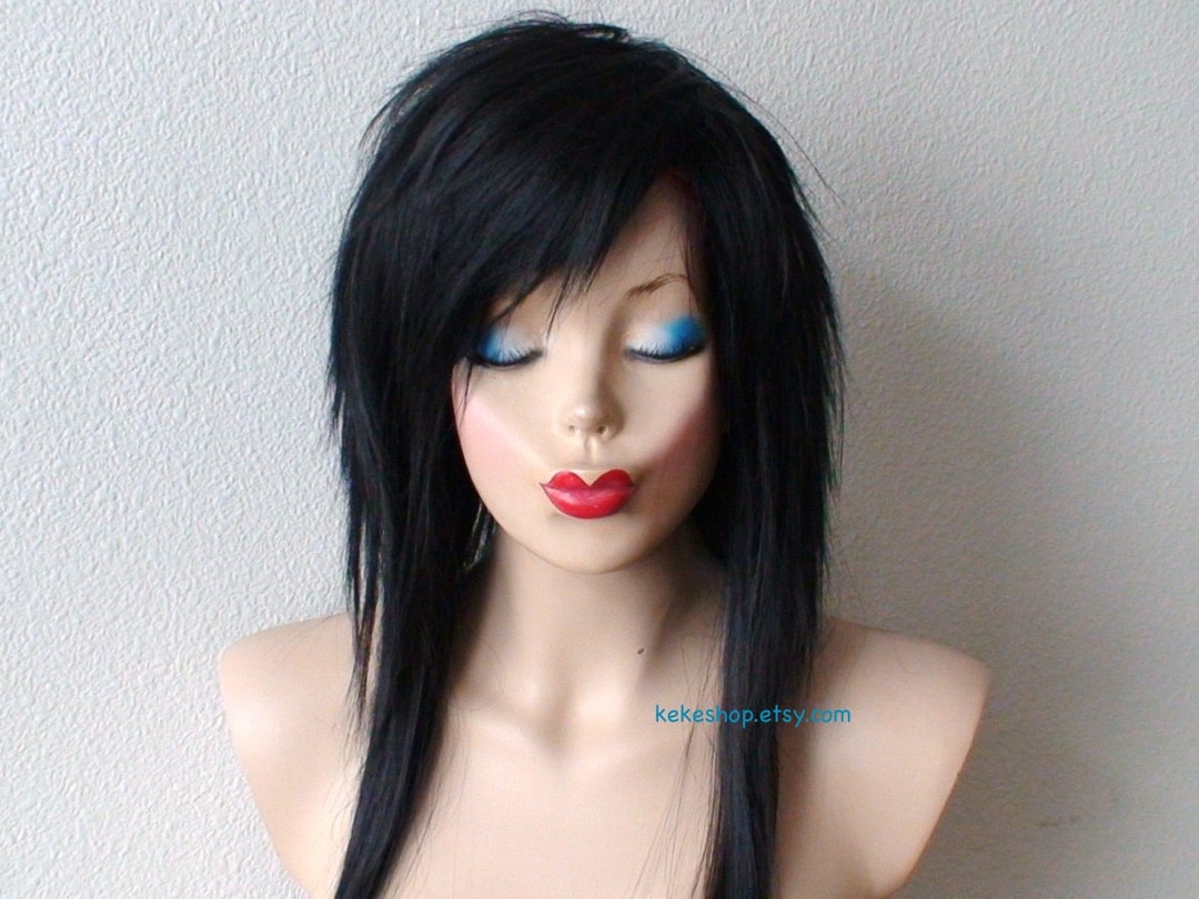Black Wig. Emo Wig. 28" Straight Layered Scene Wig. Cosplay Wig. - Etsy