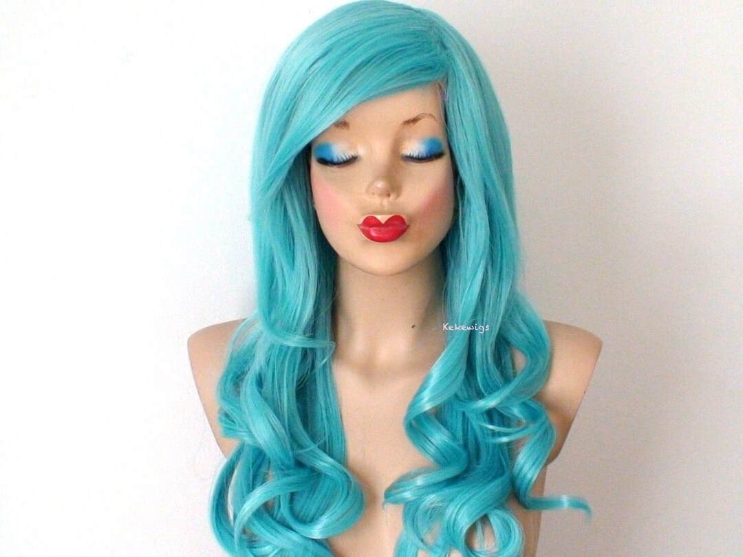 Aqua Blue Wig. 26" Curly Hair Side Bangs Wig. Heat-friendly Synthetic ...