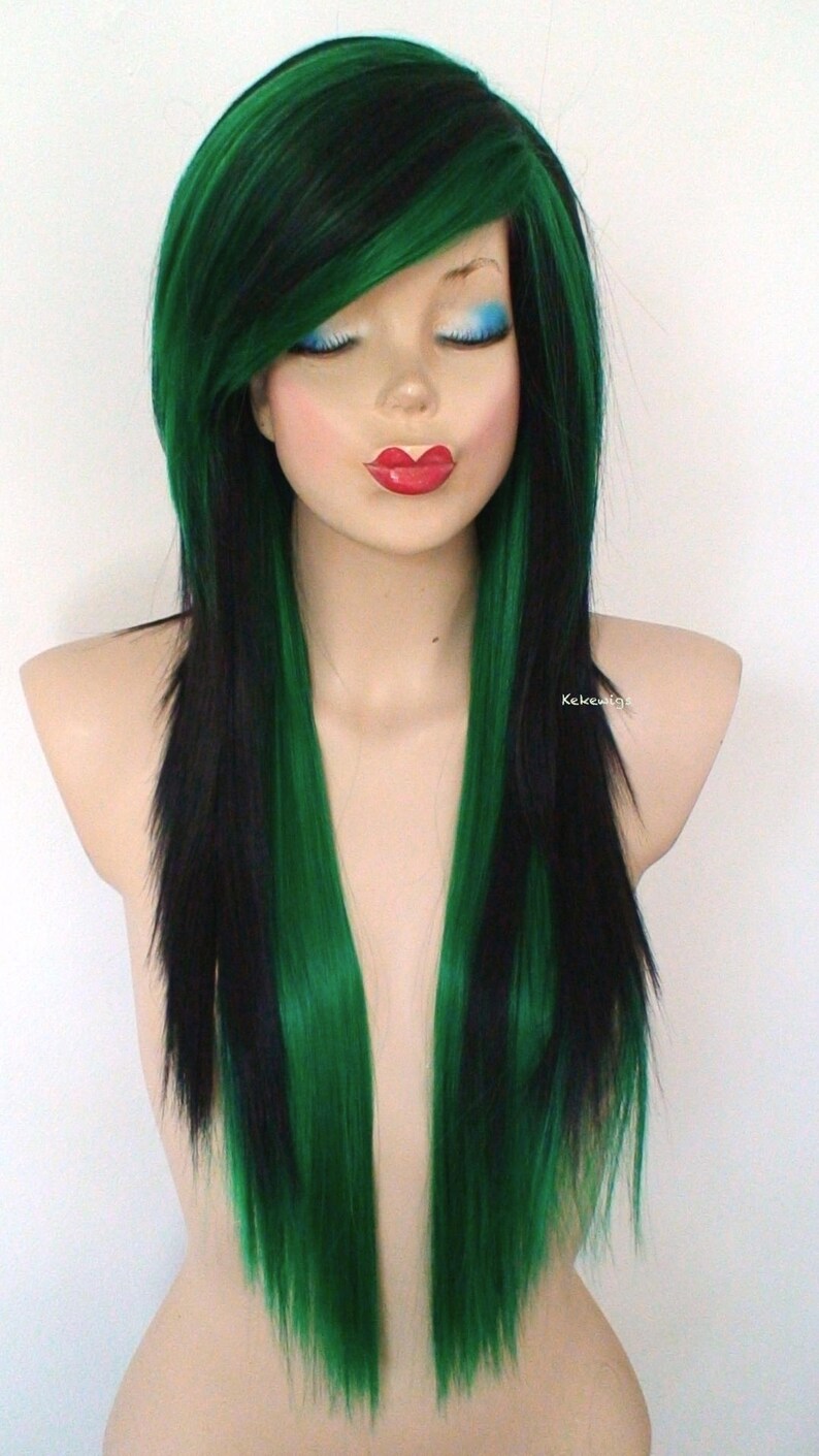 Scene wig. Emo wig. Black Green wig. Scene hair wig. Emo | Etsy