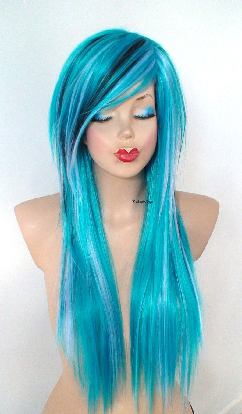 Emo wig. Teal blue/Baby blue/Turquoise /Black wig.Scene wig. | Etsy