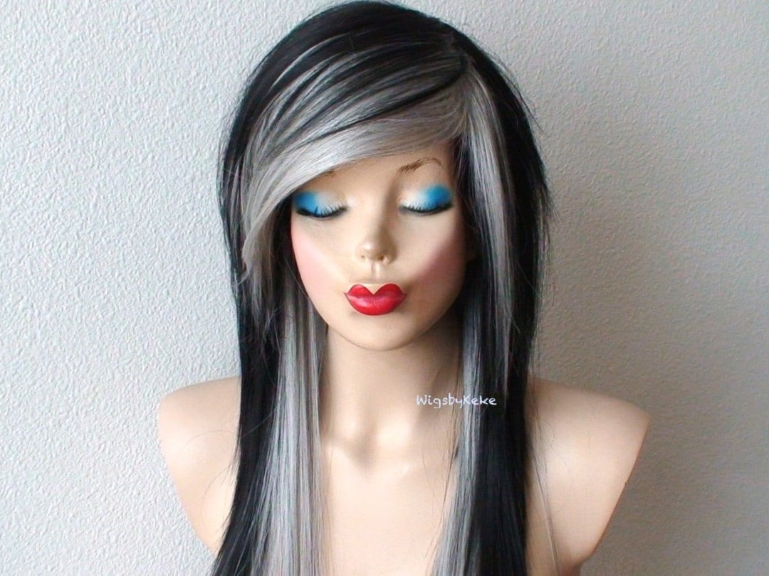 Black & Gray Emo Wig: 28" Layered Heat-friendly Synthetic Hair - Etsy