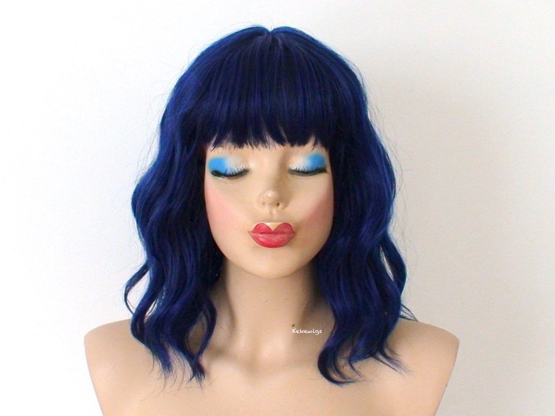 Black Blue Wig. 16” Wavy Wig With Bangs. Heat Friendly Synthetic Hair ...