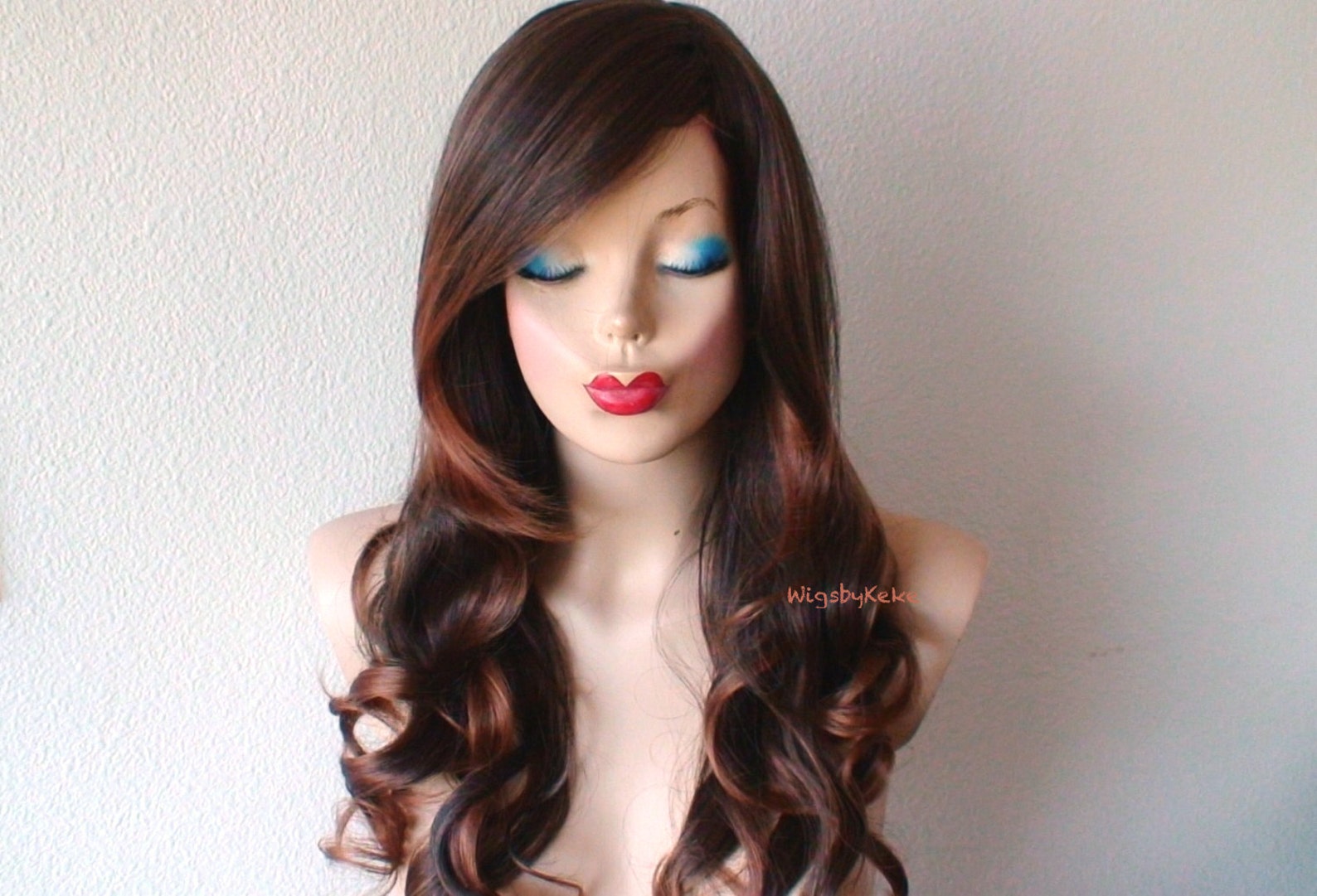 Brown Auburn Wig 26 Curly Hair Side Bangs Wig Heat Etsy