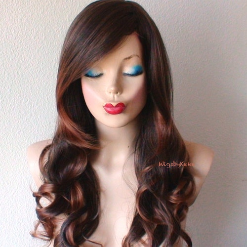 Brown Blonde Ombre Wig 26 Curly Hair Side Bangs Wig Etsy