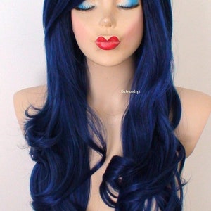 Black Blue Wig. 26" Curly Hair Side Bangs Wig. Heat Friendly Synthetic ...