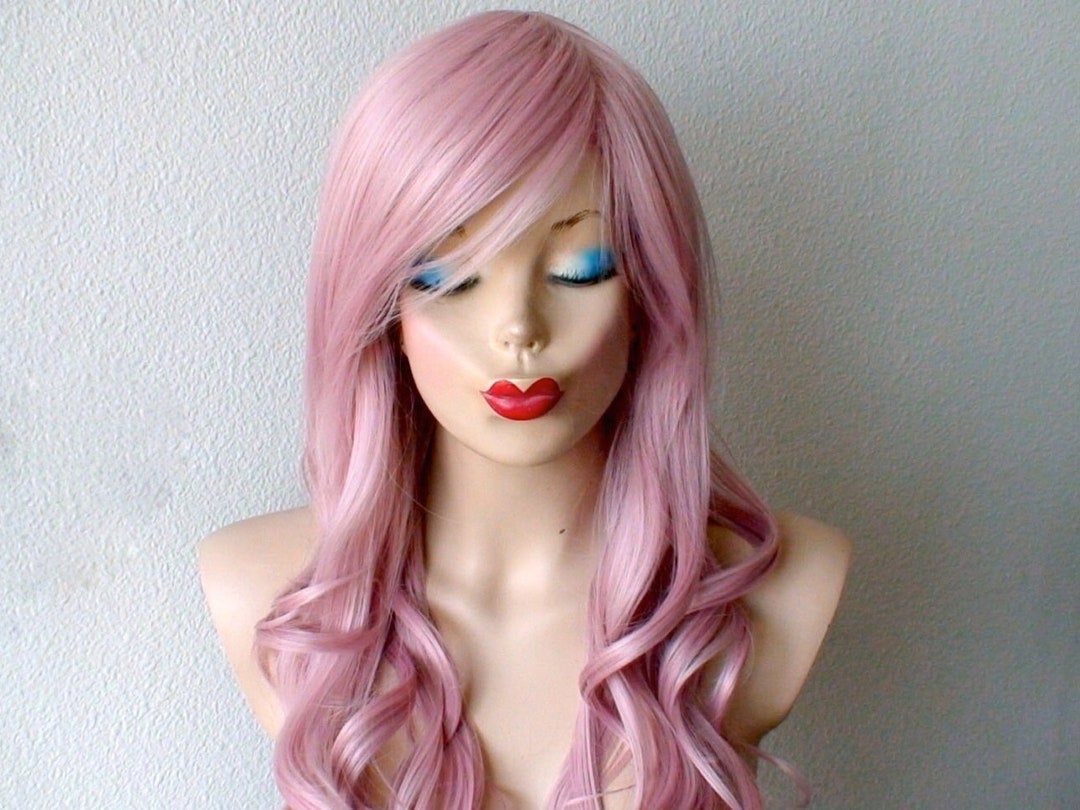 Blush Pink Wig. 26" Curly Hair Side Bangs Wig. Heat Friendly Synthetic ...