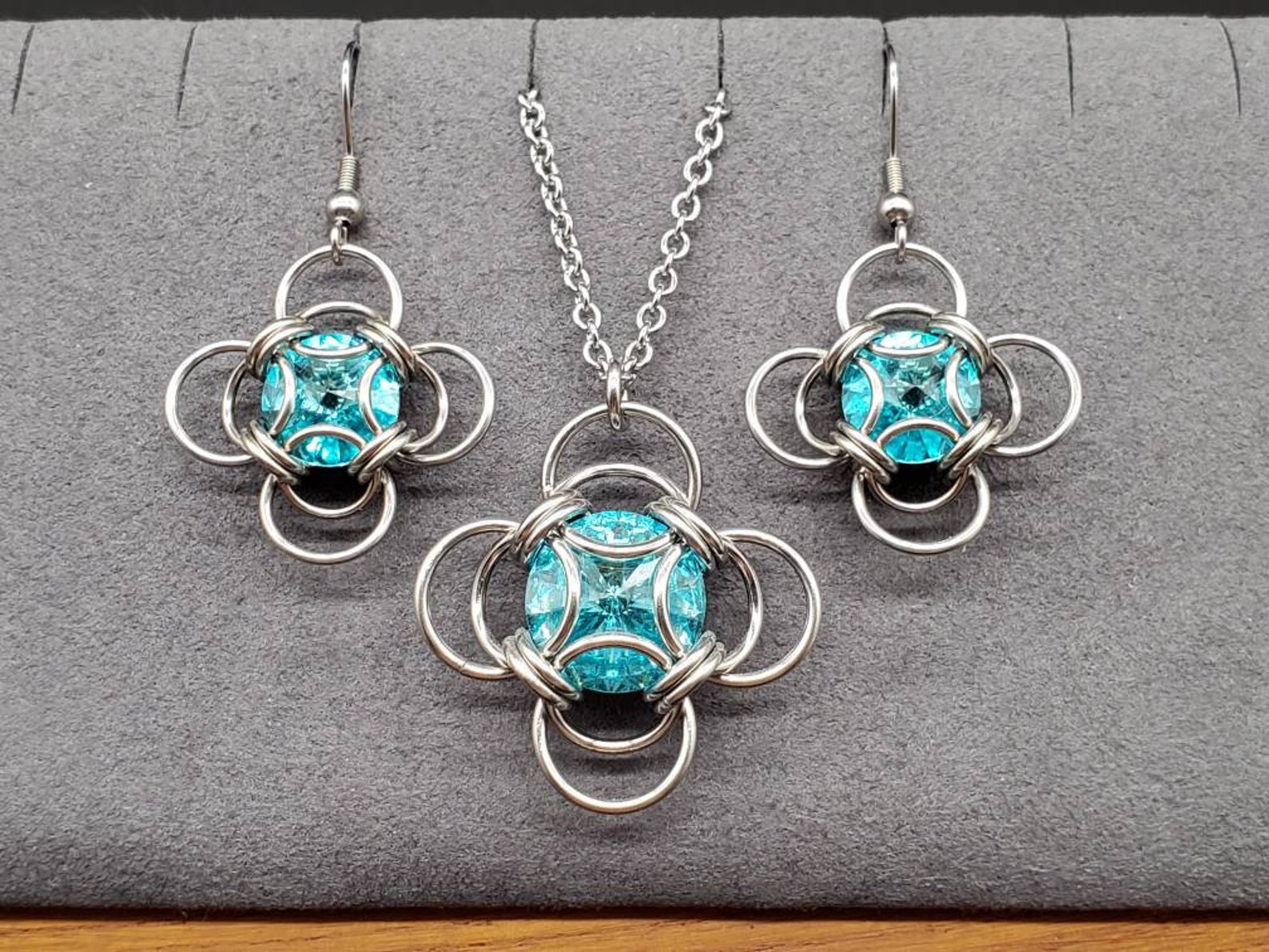 Morningstar Dangle Earrings With Light Turquoise Swarovski, Chainmaille ...