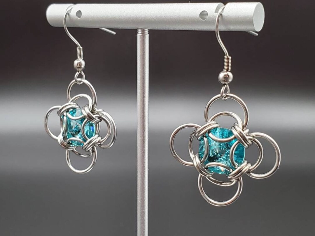 Morningstar Dangle Earrings With Light Turquoise Swarovski, Chainmaille ...