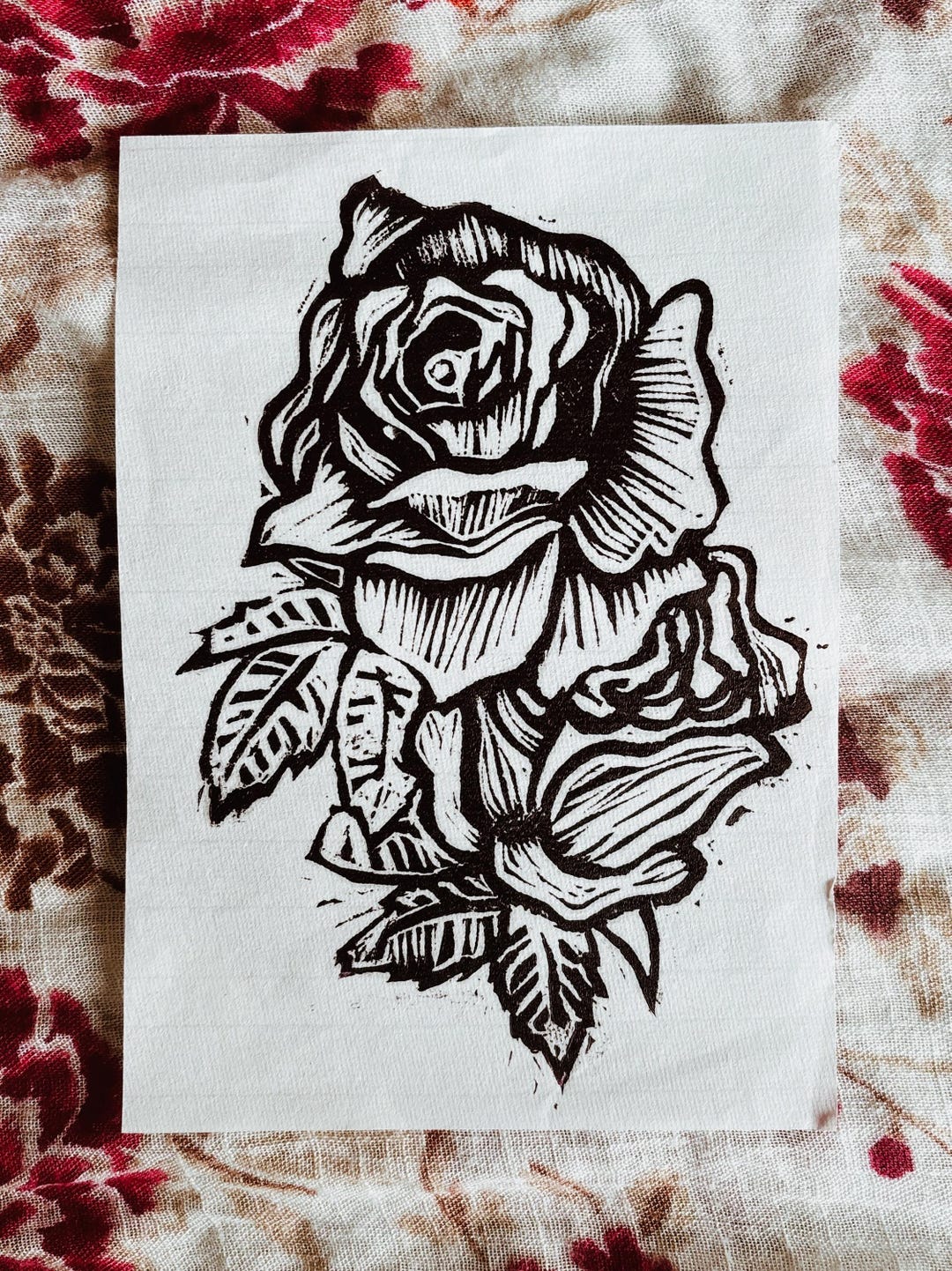 Roses Linocut Print | Block Carving | Floral - Etsy