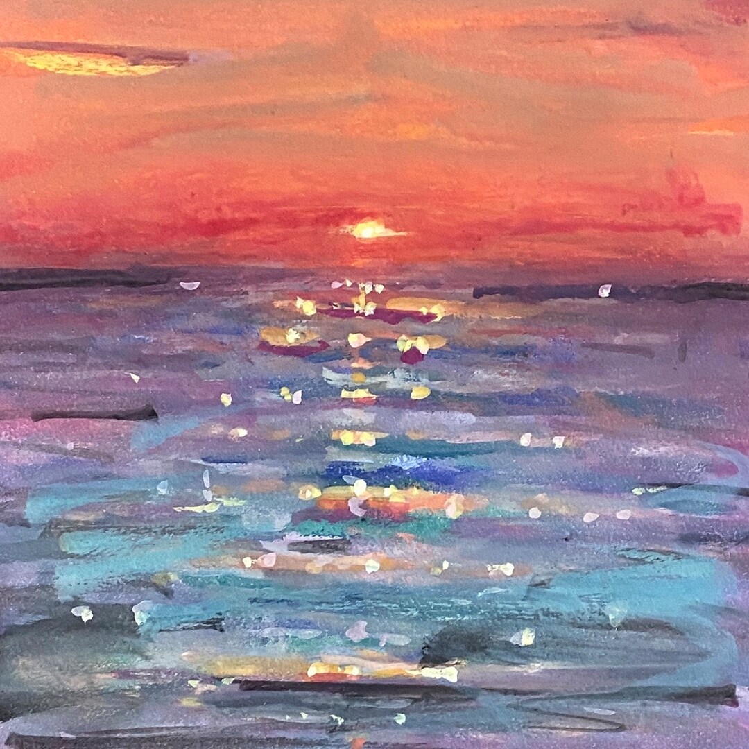 Mini Ocean Sunset Painting Original 5x5 Goauche on Panel - Etsy