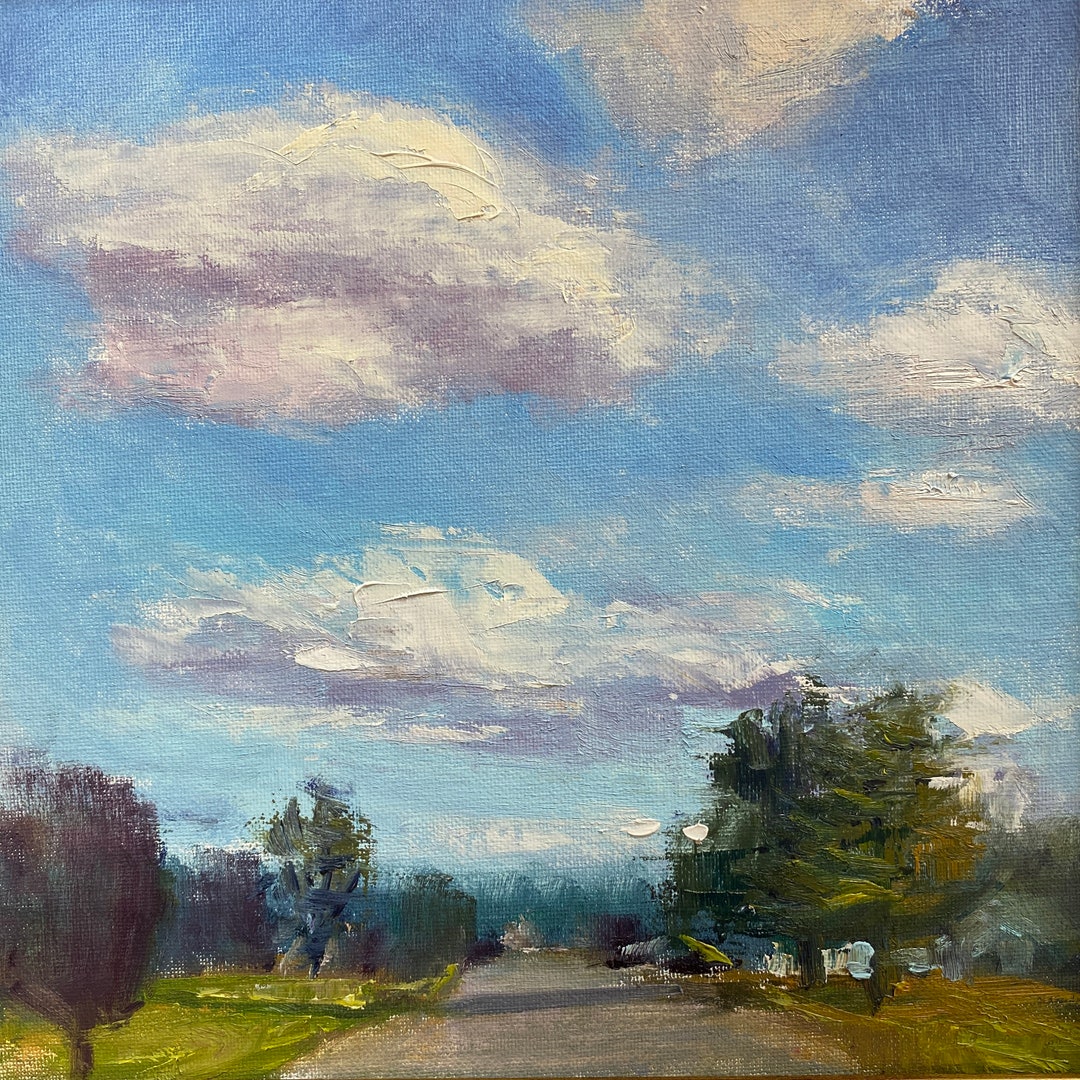 Blue Sky With Puffy Clouds, Original Landscape Oil Painting ...