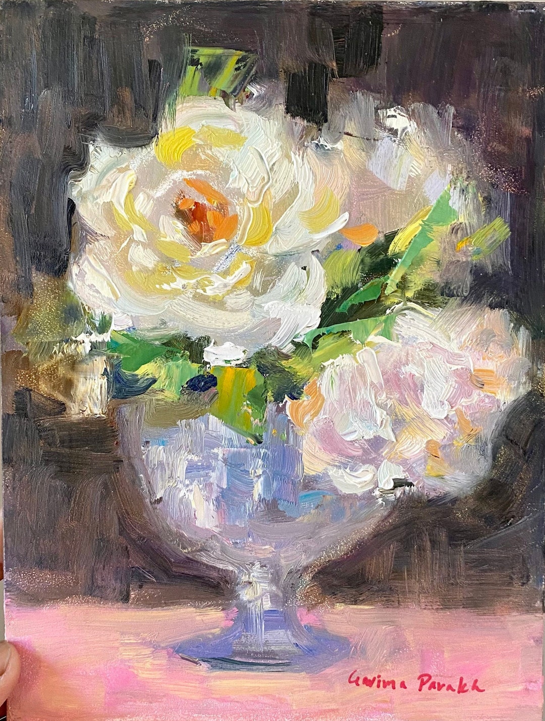 White Roses in Vase, Original Small Floral Still Life Oil Painting ...