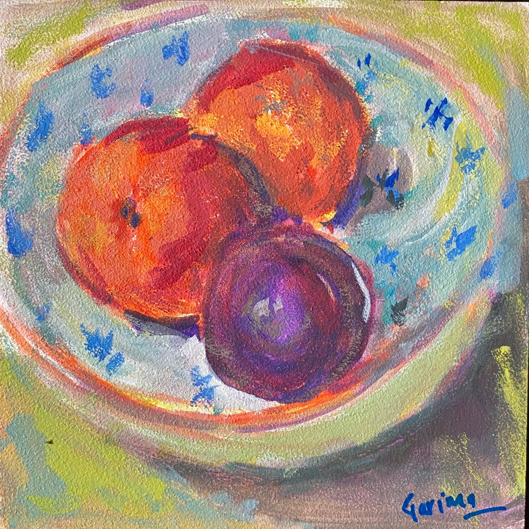 6x6 Original Peache Still Life Painting , 6x6, Gouache on Aquaboard - Etsy