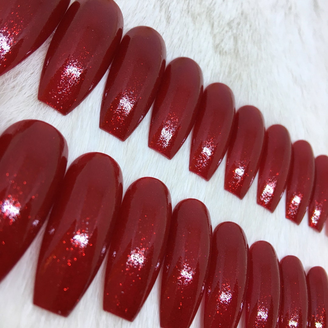 Set of 20 Handpainted Devil Red Glitter Gloss Nails | • CHOOSE YOUR ...