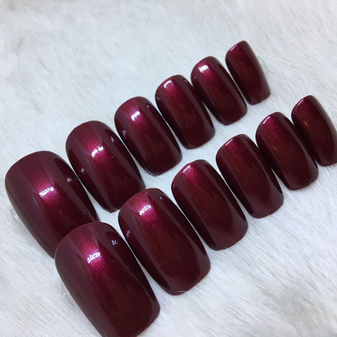 Set of 12 Handpainted Sangria Shimmer Deep Red Glossy Nails | • READY ...