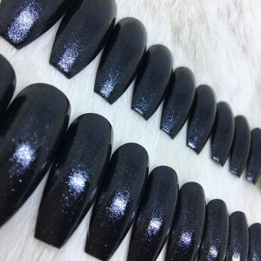 Set of 20 Handpainted Midnight Black Shimmer Glossy Nails | • CHOOSE ...