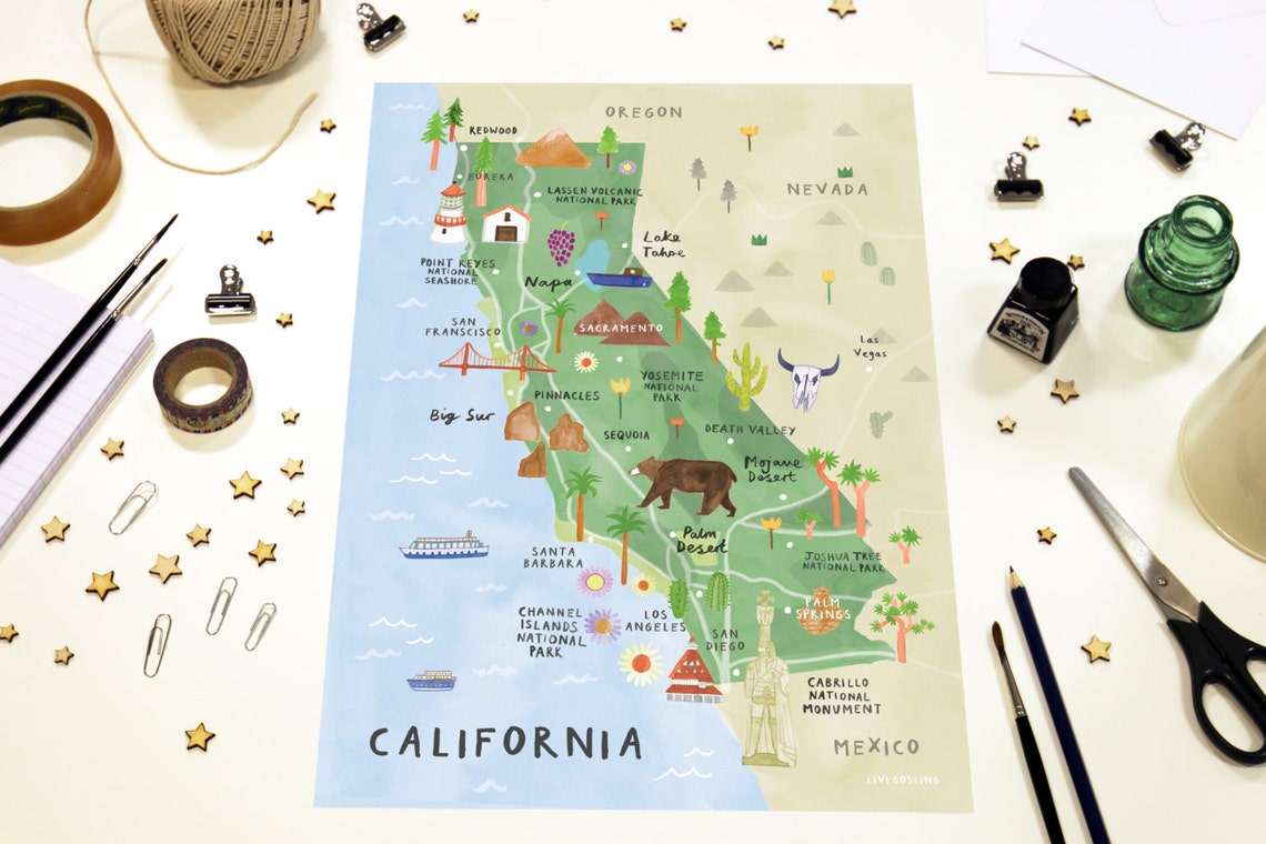 California Illustrated Map California Print California Map - Etsy