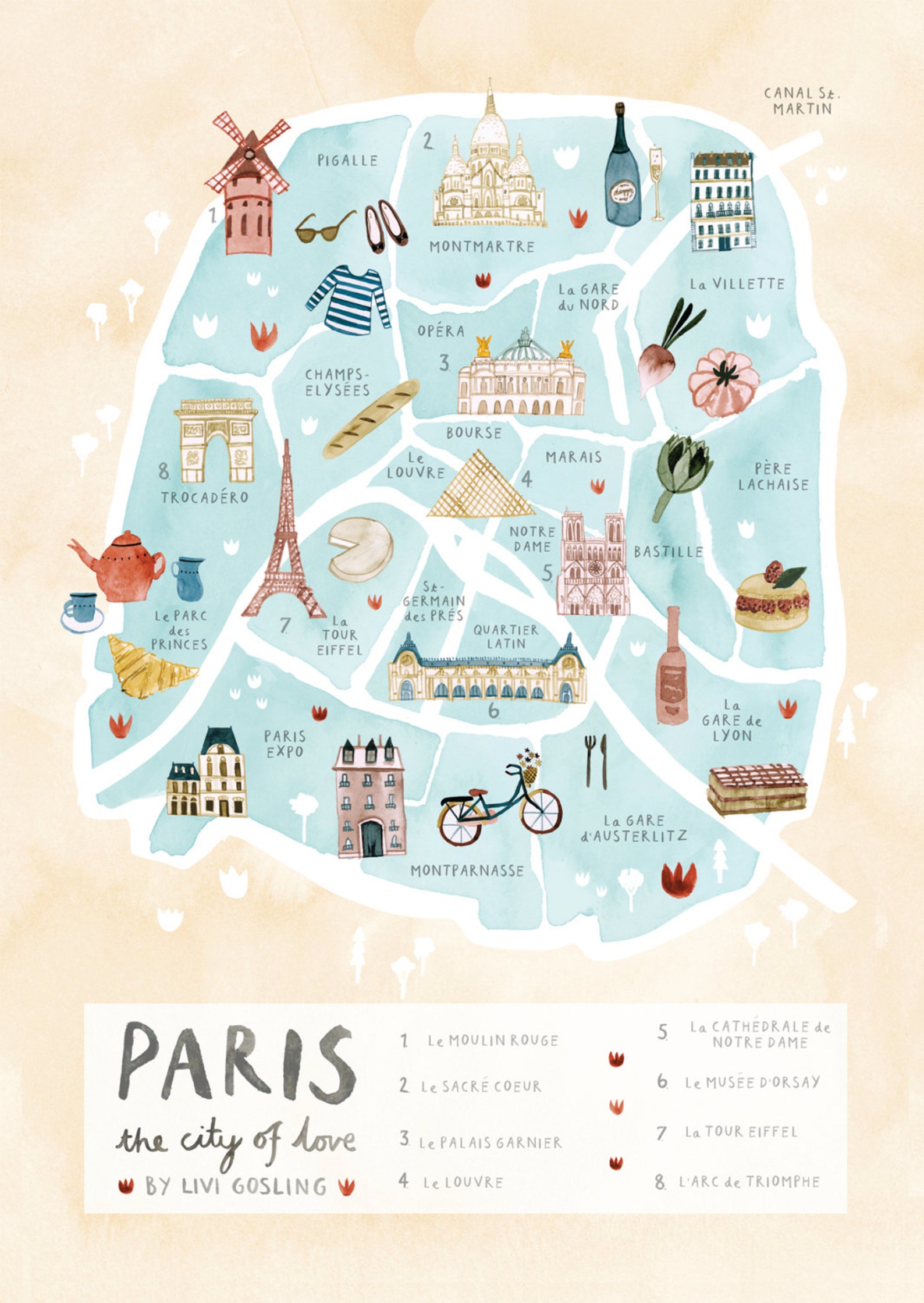 Paris Illustrated Map France Art Print City Map Poster - Etsy