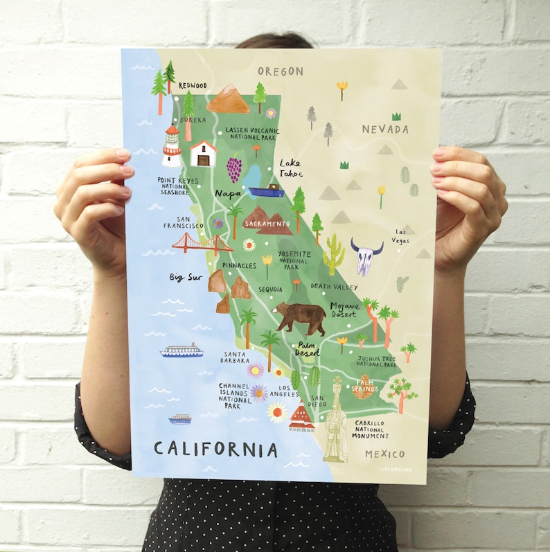 California Illustrated Map California Print California Map - Etsy