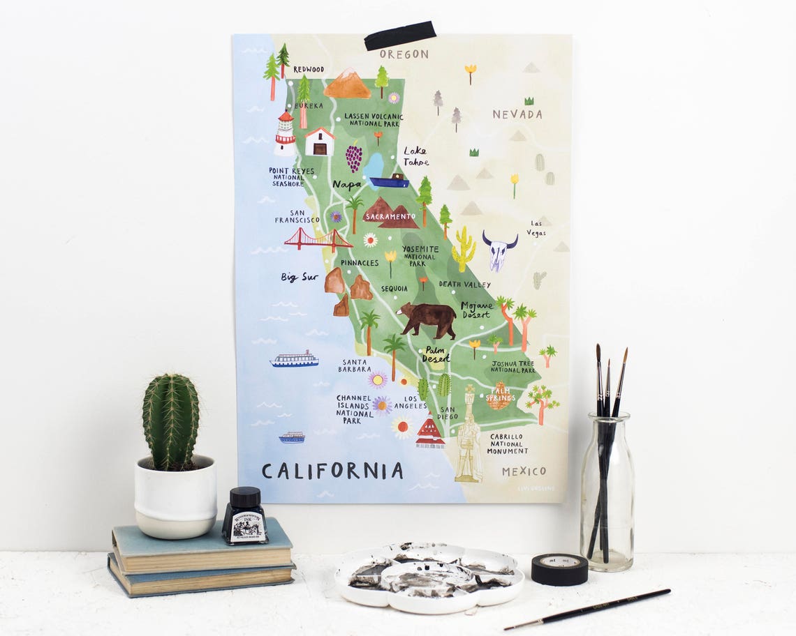 California Illustrated Map California Print California Map - Etsy