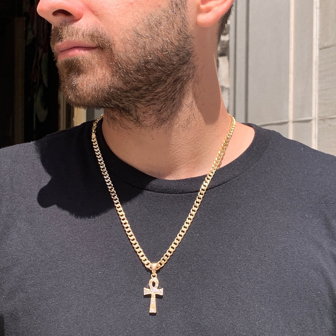 18K Mens Ankh Necklace,egyptian Ankh Chain,mythology Gift,large Mens ...