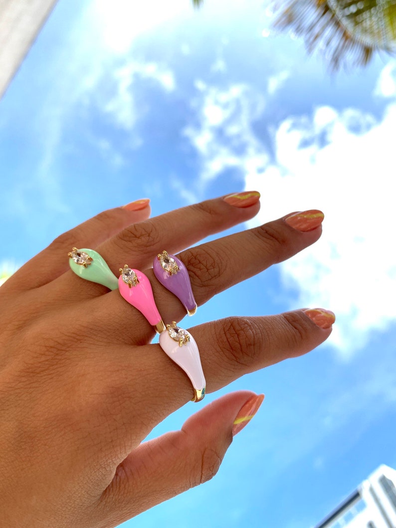 Colorful Enamel Rings Pastel Diamond Adjustable Bandsrainbow | Etsy