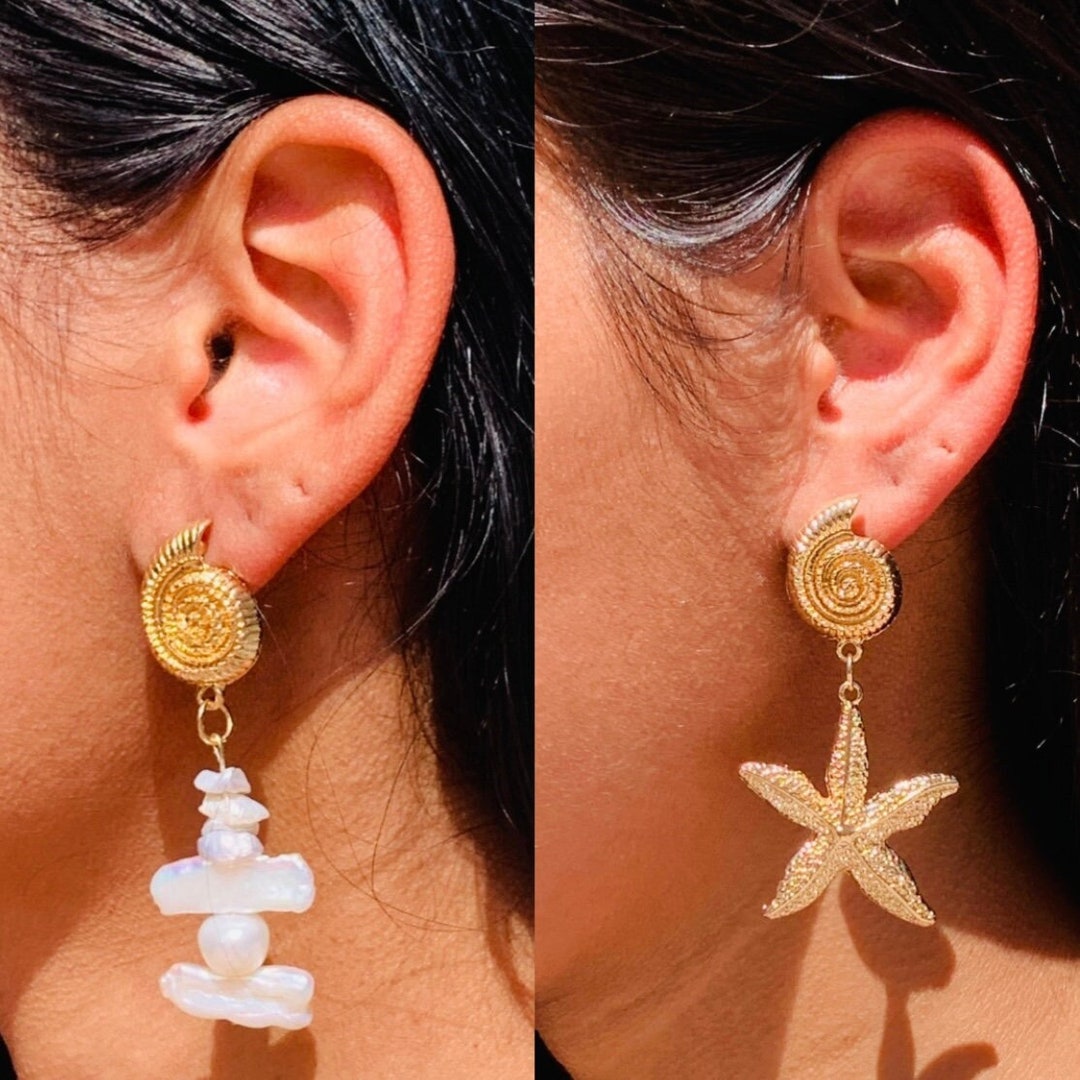 Large Sea Shell Earrings, Starfish Drop Earrings, Tropical Statement ...