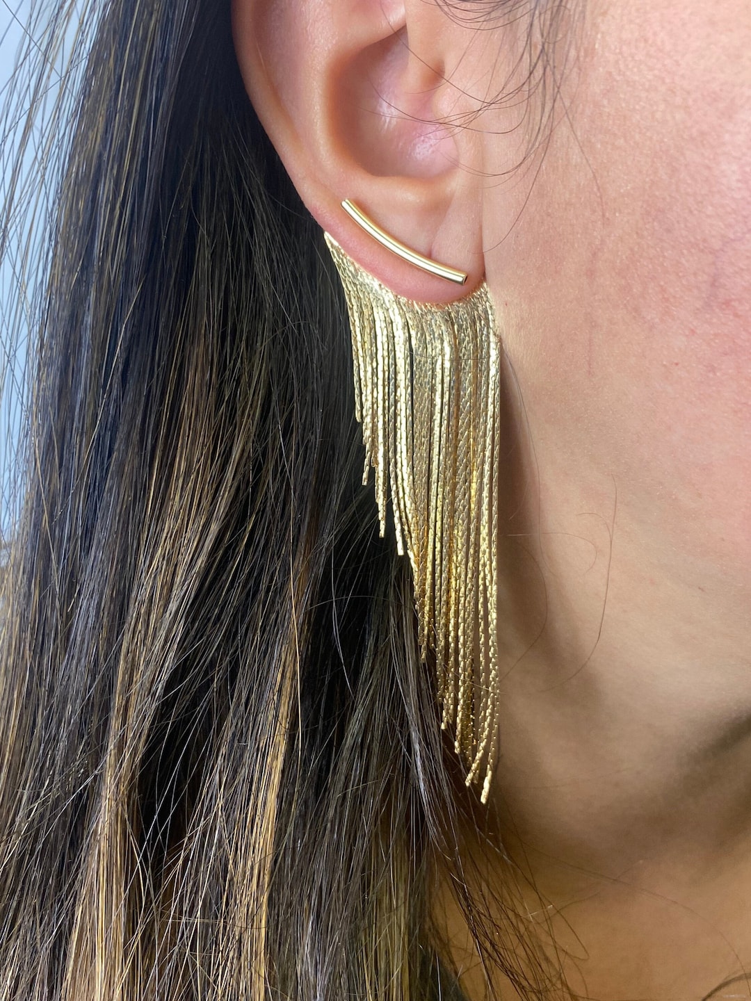 18K Gold Mesh Drop Earrings, Curtain Earrings, Rainfall Earrings ...