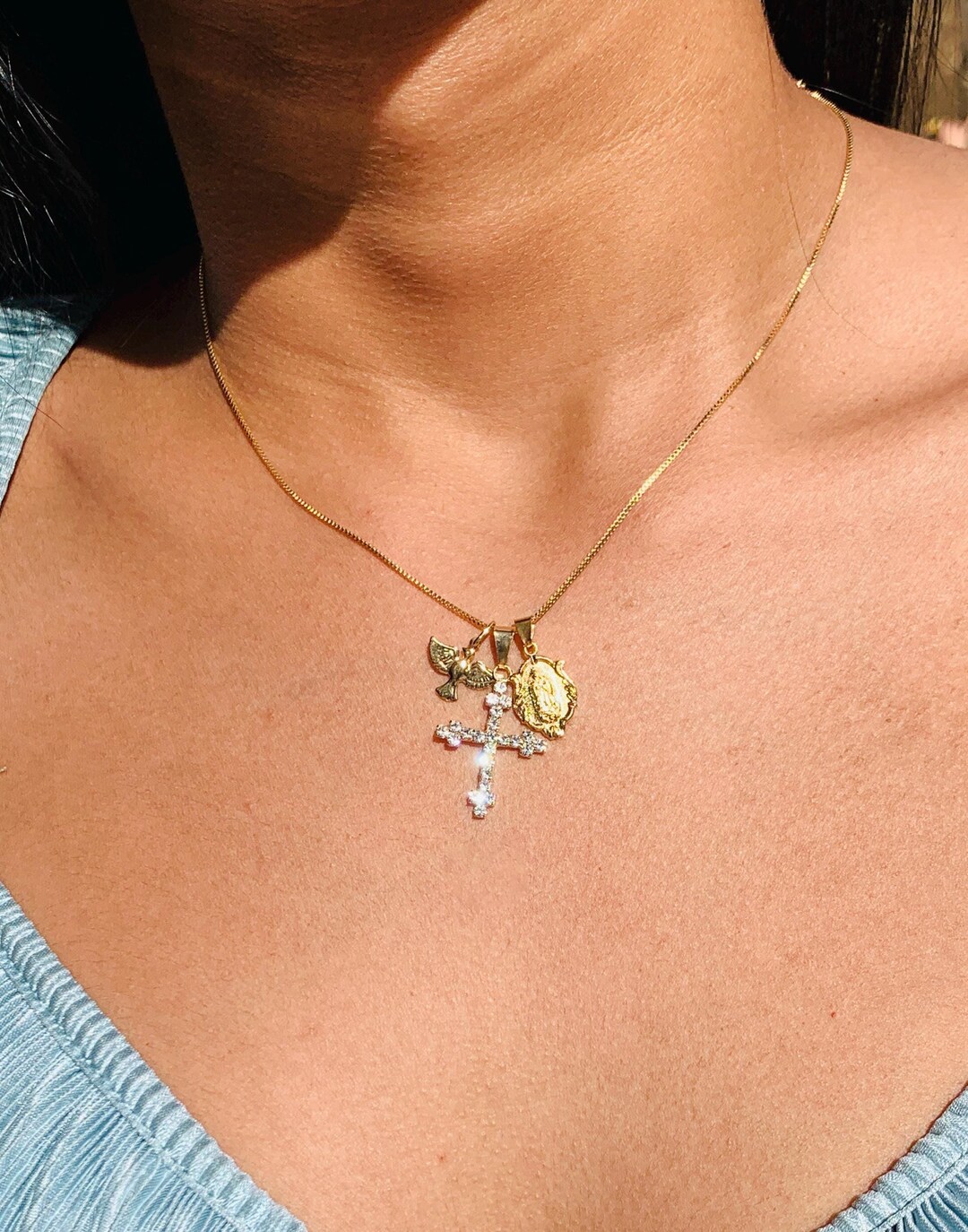 18K Religious Multi Charm Necklace, Customizable Christian Cross ...