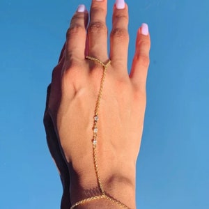 Dainty Gold Filled Beaded Hand Chain Bracelet, CZ Ring Hand Jewelry ...