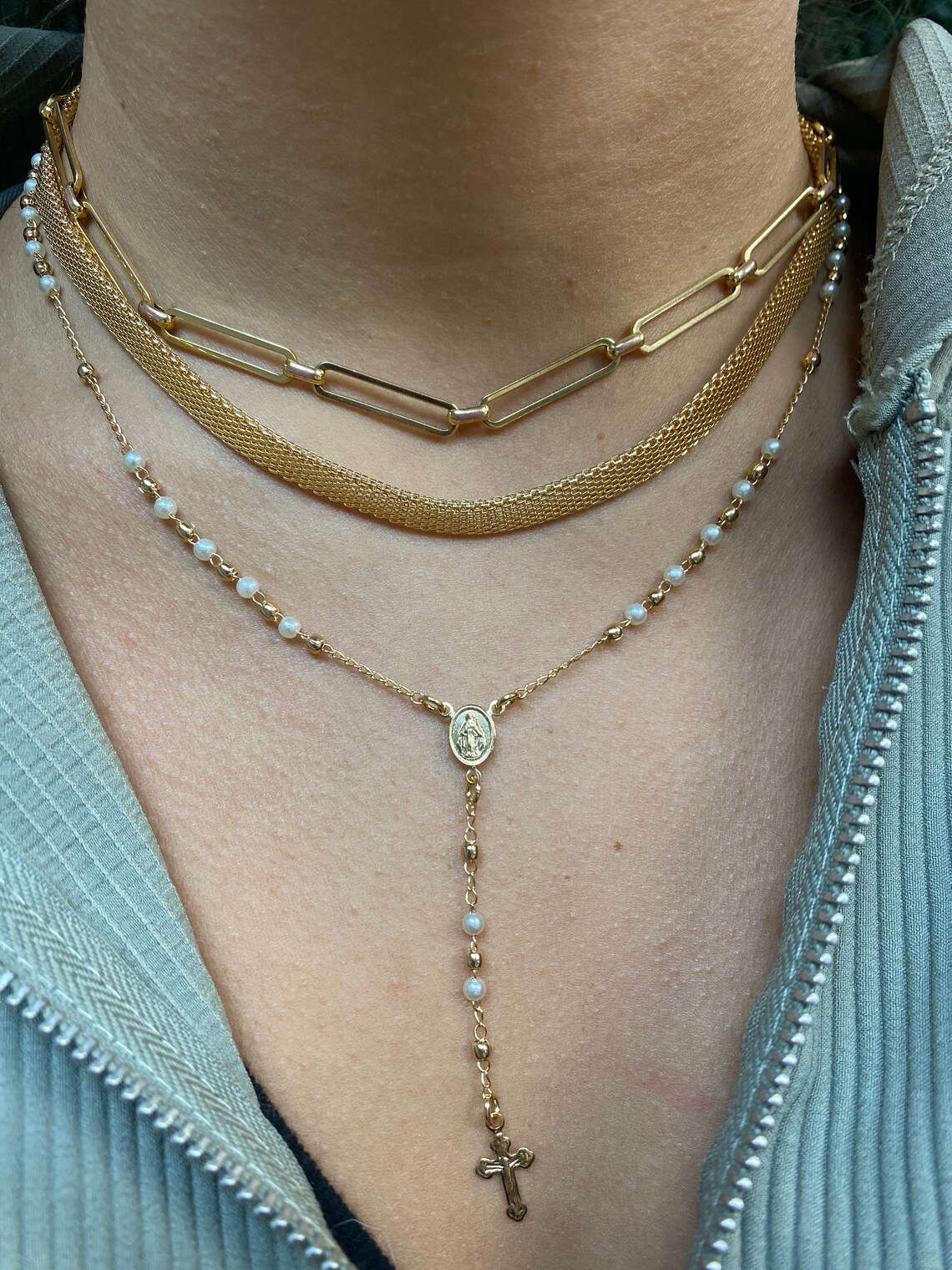 18k Long Rosary Chain Necklace Layering Tiny Cross Long | Etsy