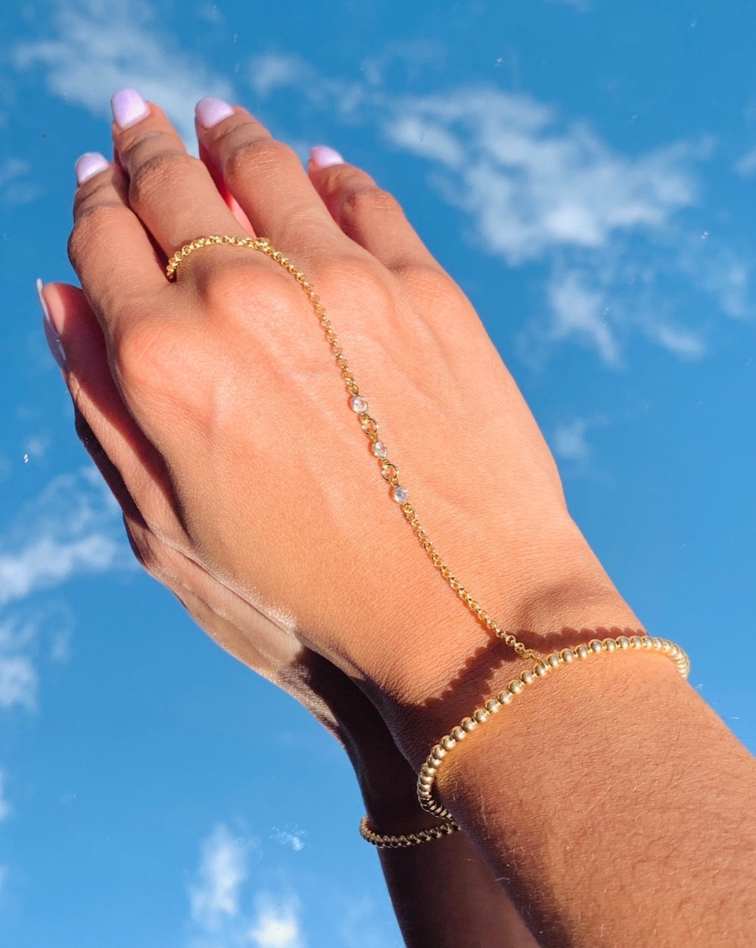 Dainty Gold Filled Beaded Hand Chain Bracelet, CZ Ring Hand Jewelry ...