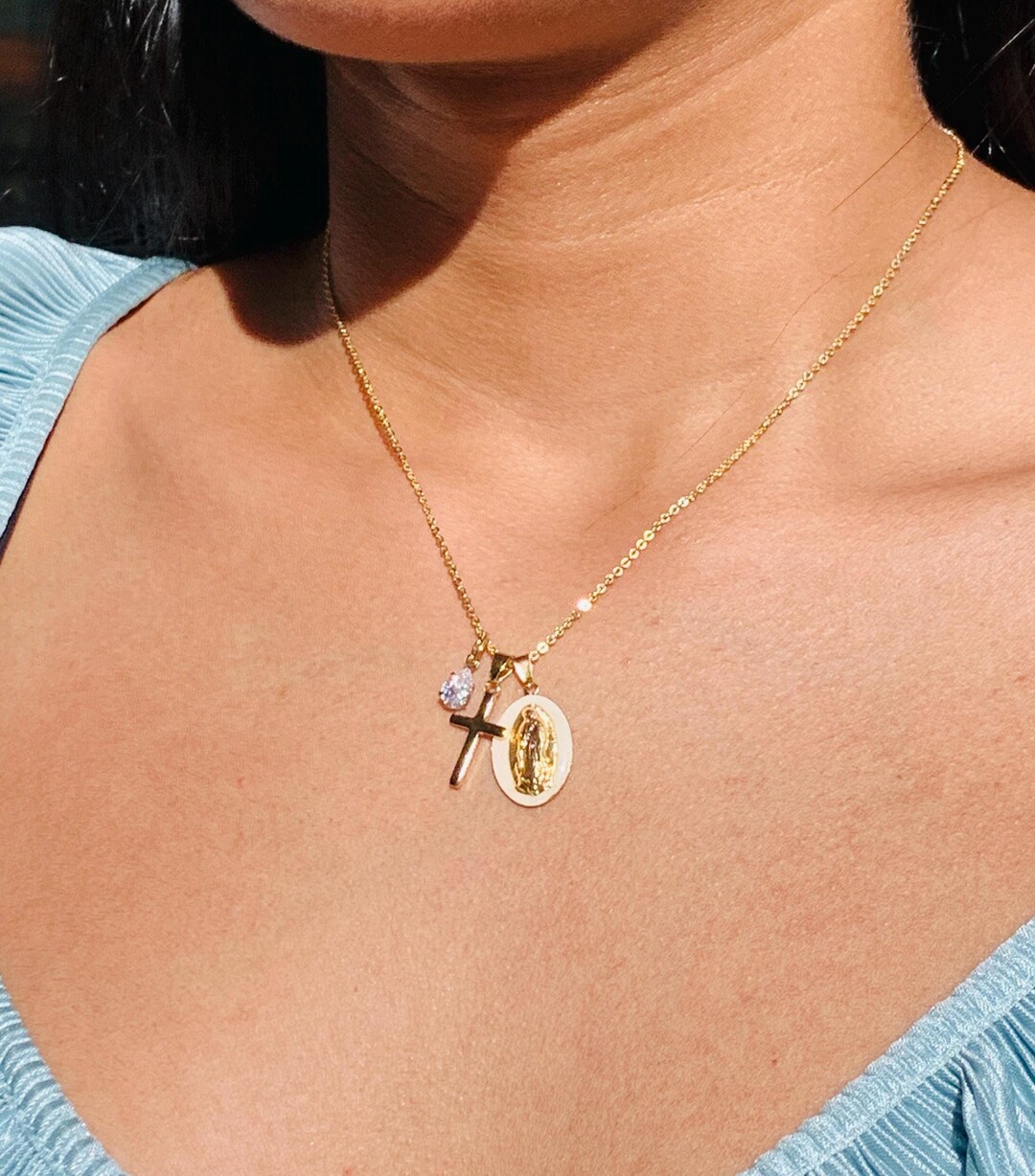 18K Religious Multi Charm Necklace, Customizable Christian Charm ...