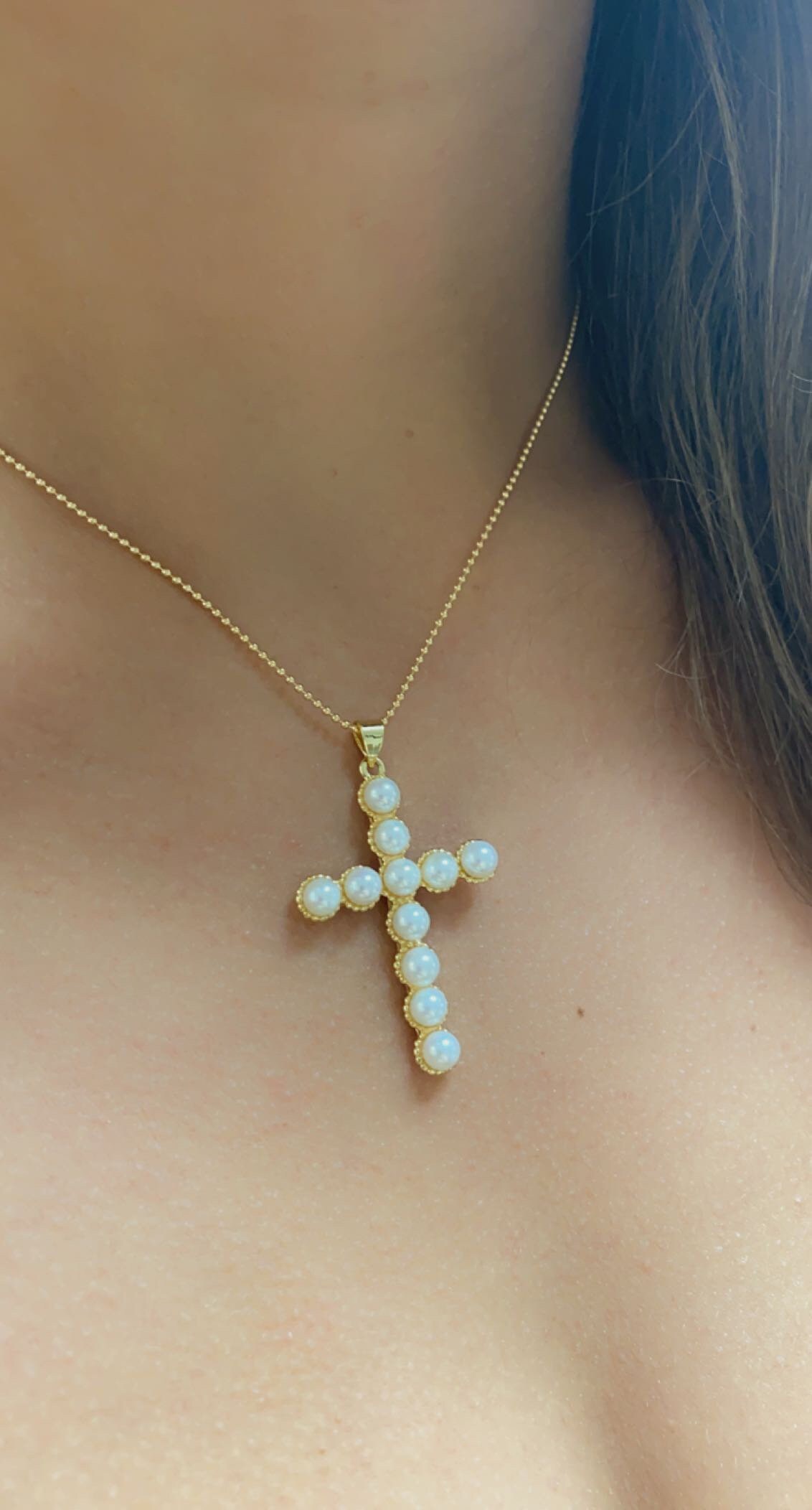 18K Large Pearl Cross NecklaceDainty Simple Cross | Etsy