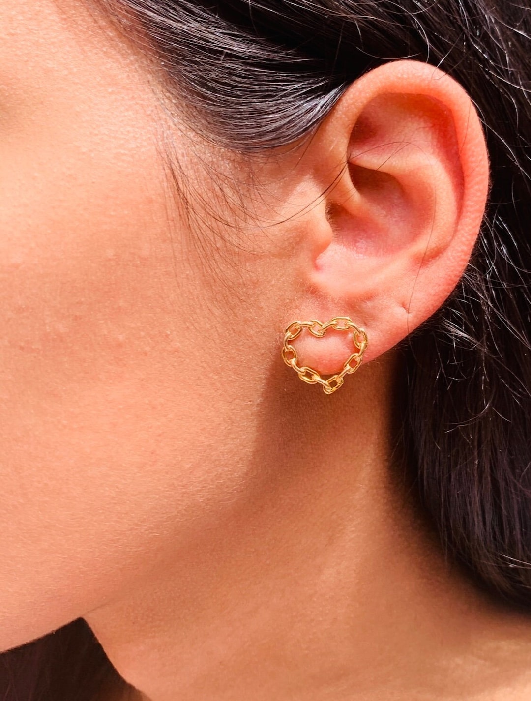 18K Dainty Gold Filled Heart Link Earrings, Love Knot Studs, Chain Link ...