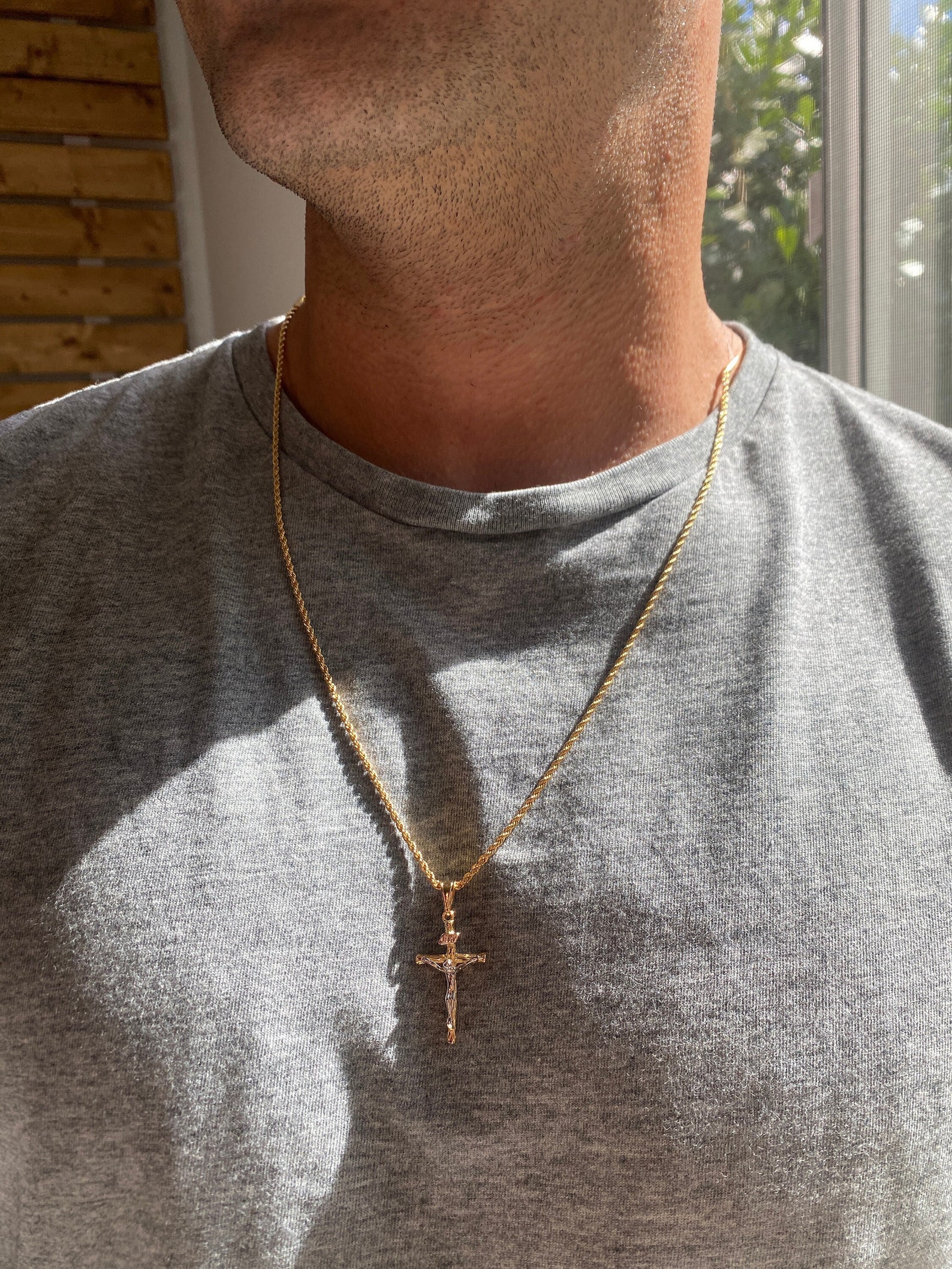 18K Jesus on Cross Necklace, Mens Rope Cross Necklace, Crucifix ...