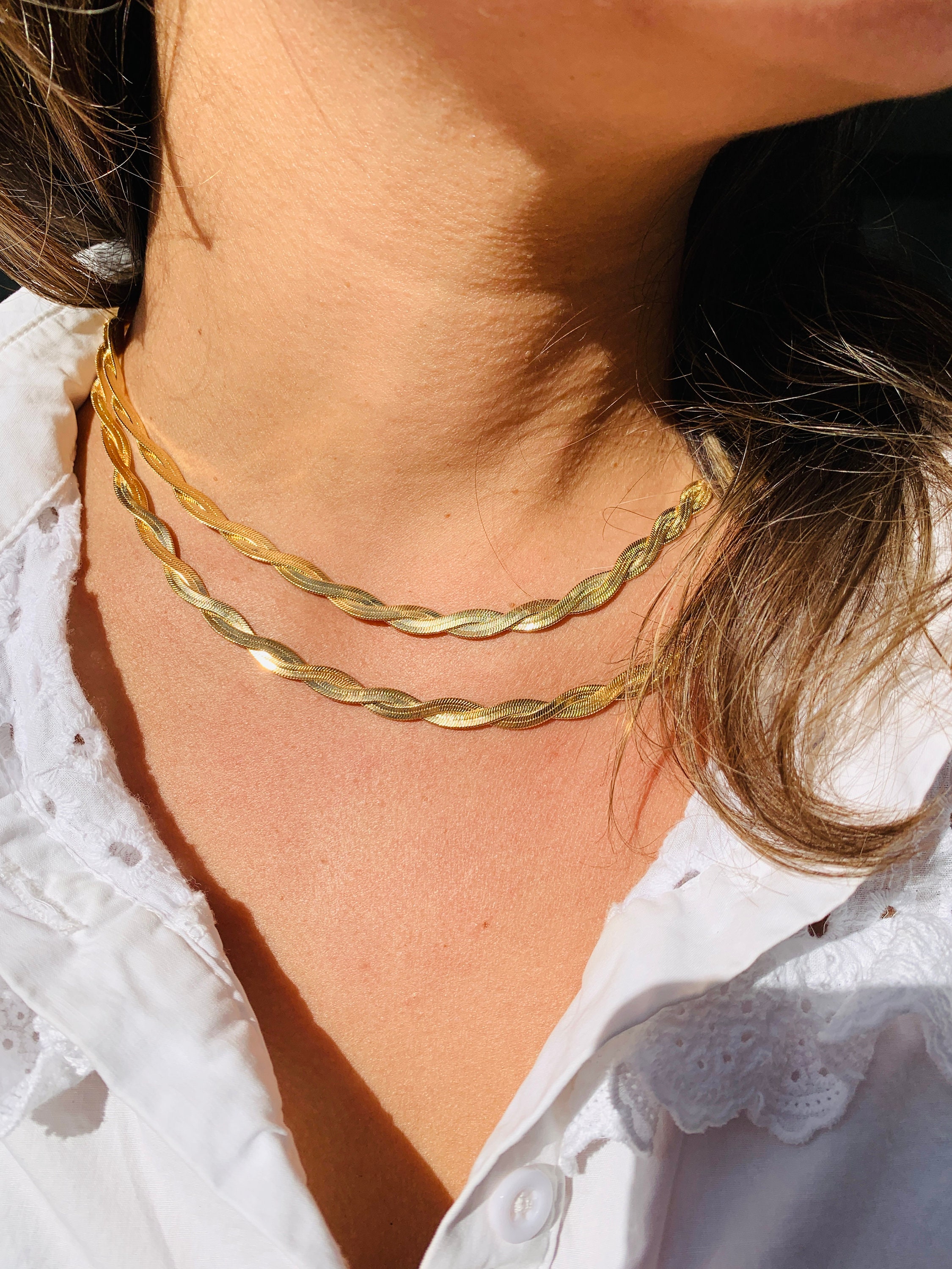 18K GF Herringbone Necklace Braided Herringbone Necklace Flat Herringbone Choker Dainty Gold Snake Chain Gold Herringbone Minimalist Chain