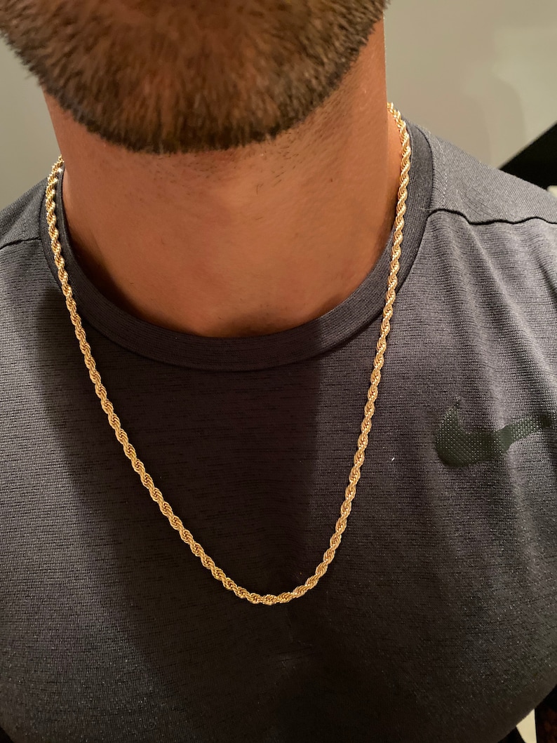 18K Mens 4mm Rope Necklace, Waterproof Mens Chain, Gold Filled Rope ...