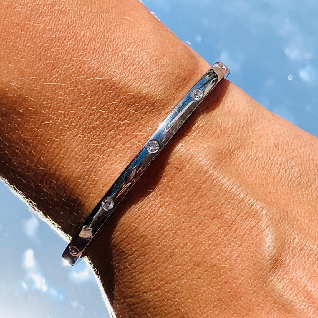 Silver Diamond Station Bangle, Womens Bangle Bracelet, Stacking Bangle ...
