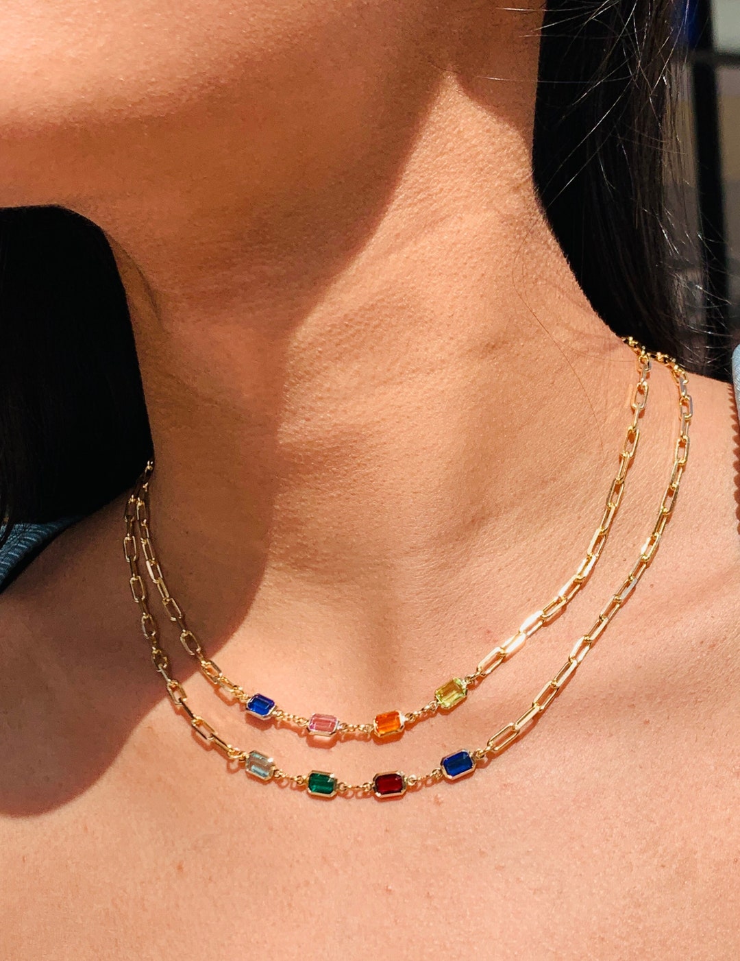 18KT Colorful Gemstone Necklace,paperclip Necklace,womens Necklace ...