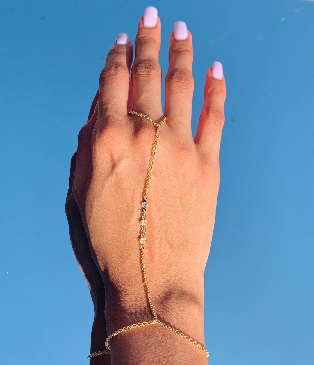Dainty Gold Filled Hand Chain Bracelet, CZ Ring Hand Jewelry, Minimalist CZ Hand Chain, Gold ...