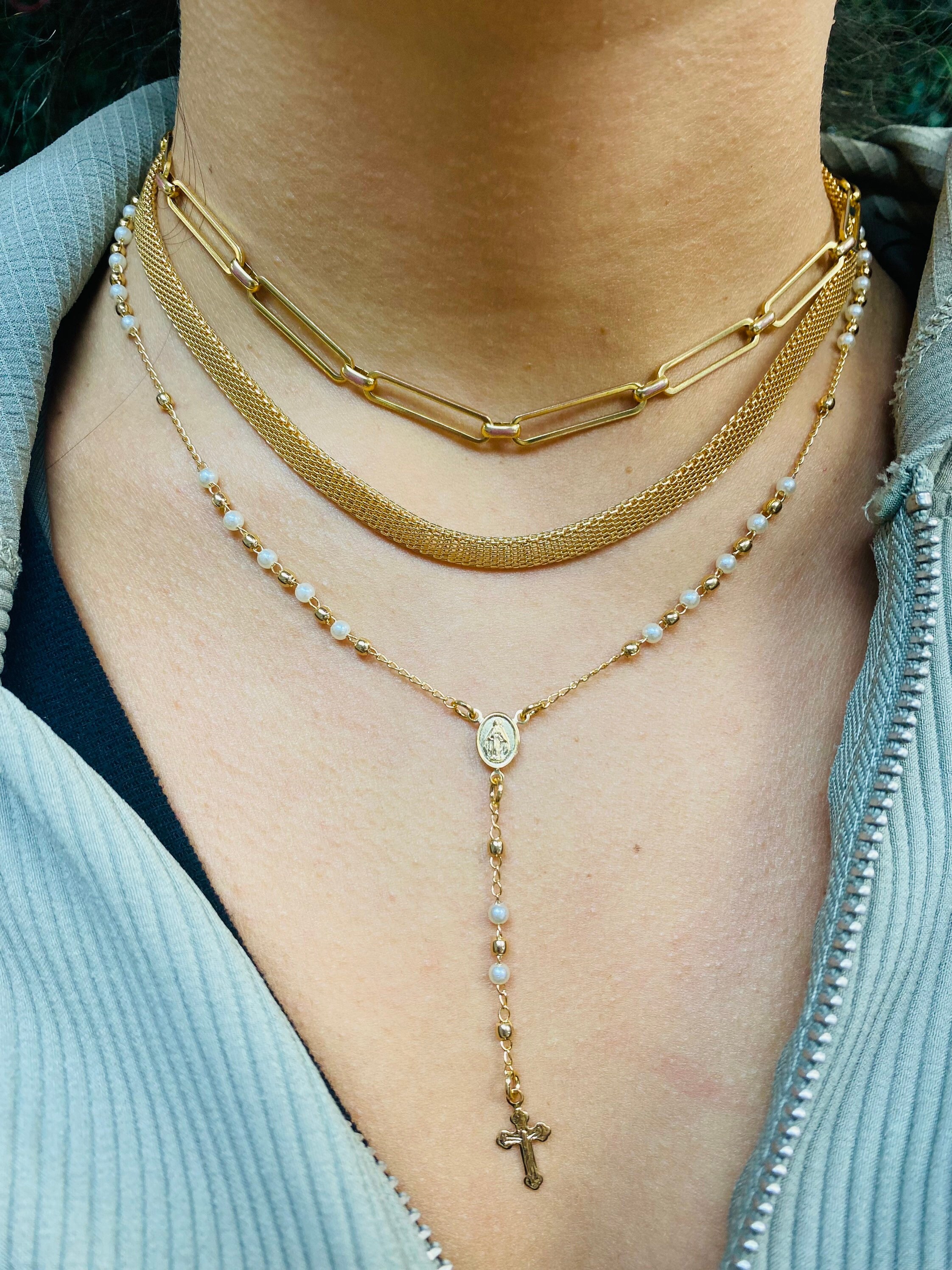 18k Long Rosary Chain Necklace Layering Tiny Cross Long | Etsy