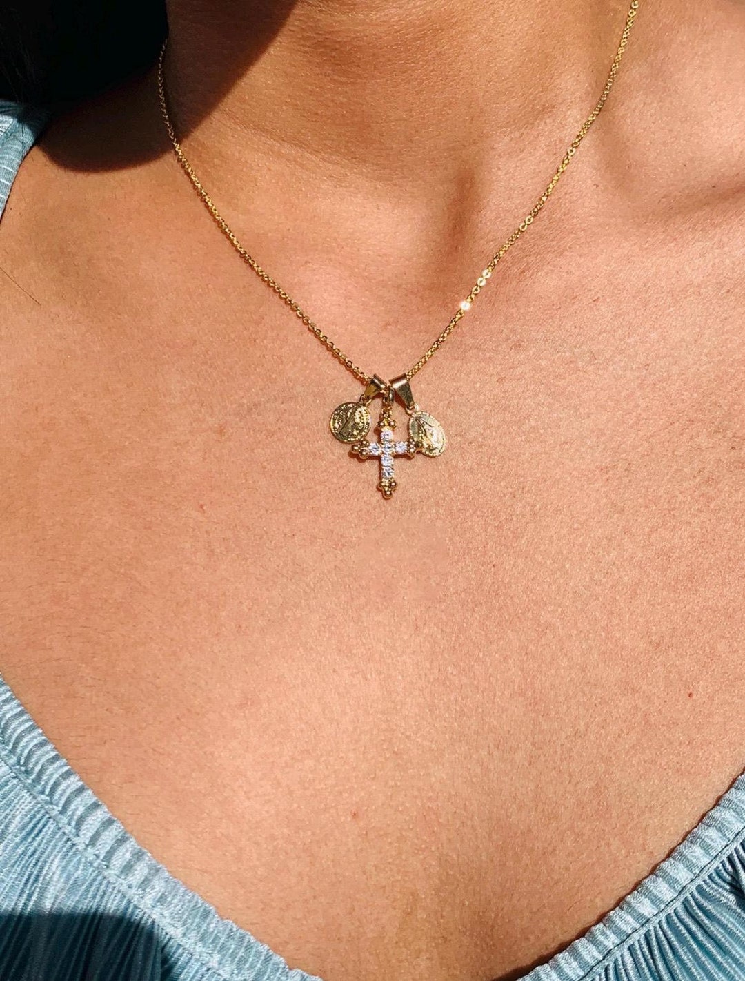 18K Religious Multi Charm Necklace, Customizable Christian Charm ...