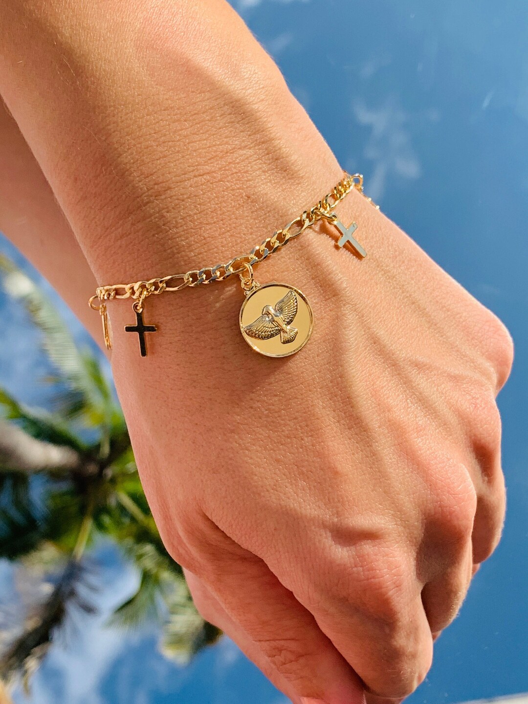 18K Gold Religious Bracelet,cross Bracelet,religious Gift for Godchild ...