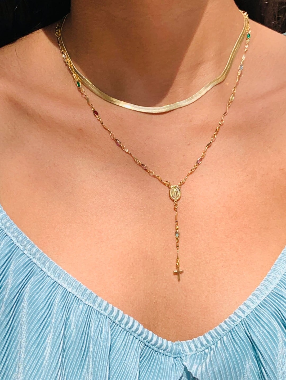 Colorful Rosary Chain Necklace, Gemstone Rosary Chain, Gold Layered ...