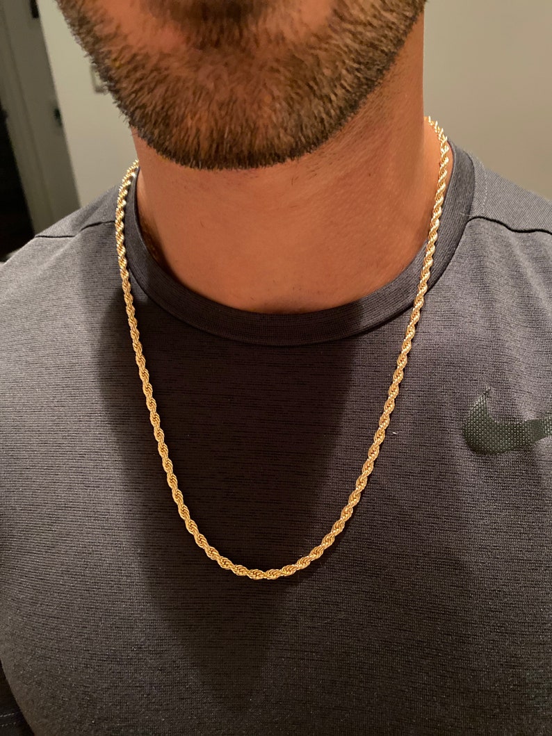 18K Mens 4mm Rope Necklace, Waterproof Mens Chain, Gold Filled Rope ...
