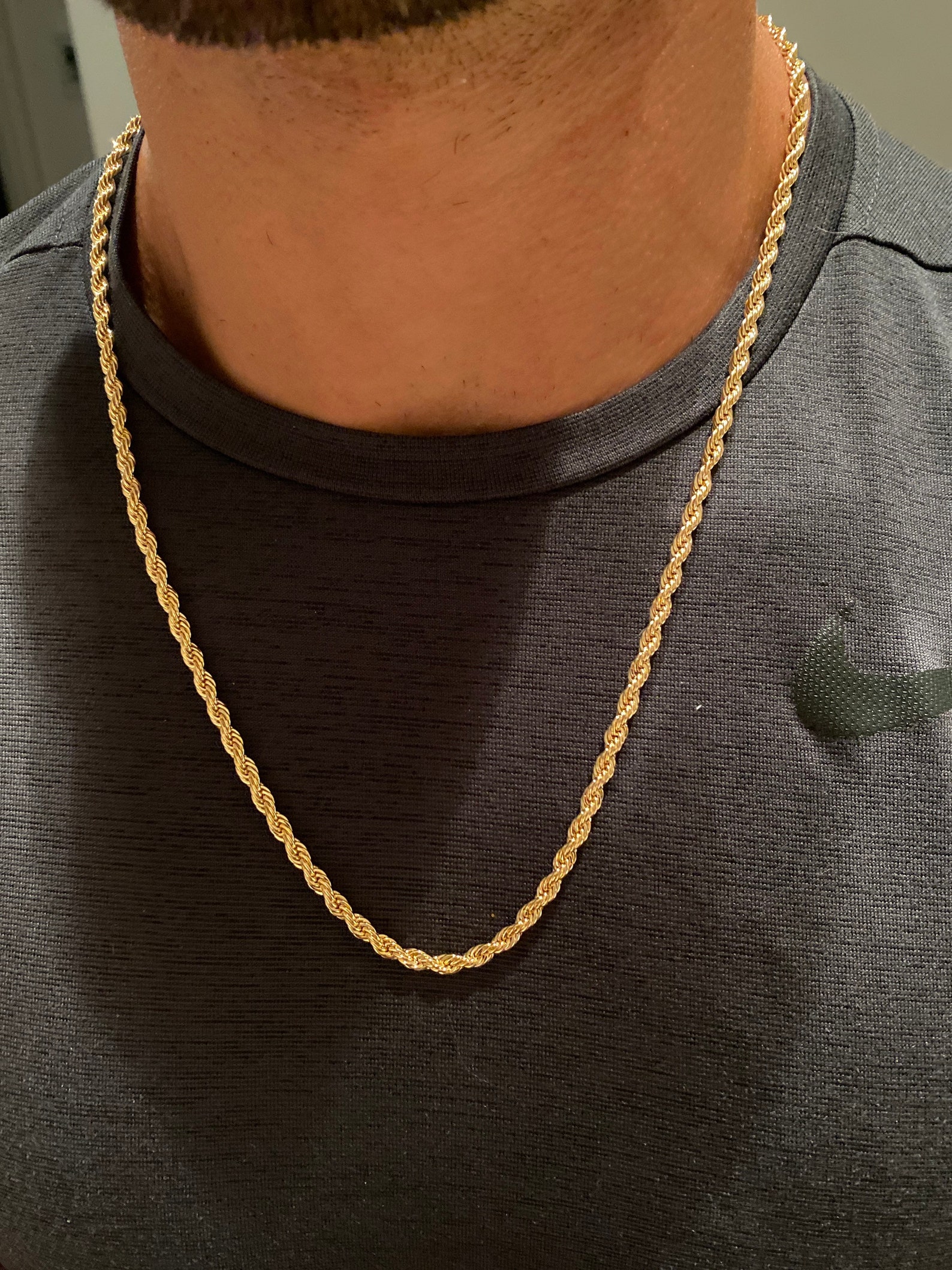 18K Mens 4mm Rope Necklace, Waterproof Mens Chain, Gold Filled Rope ...