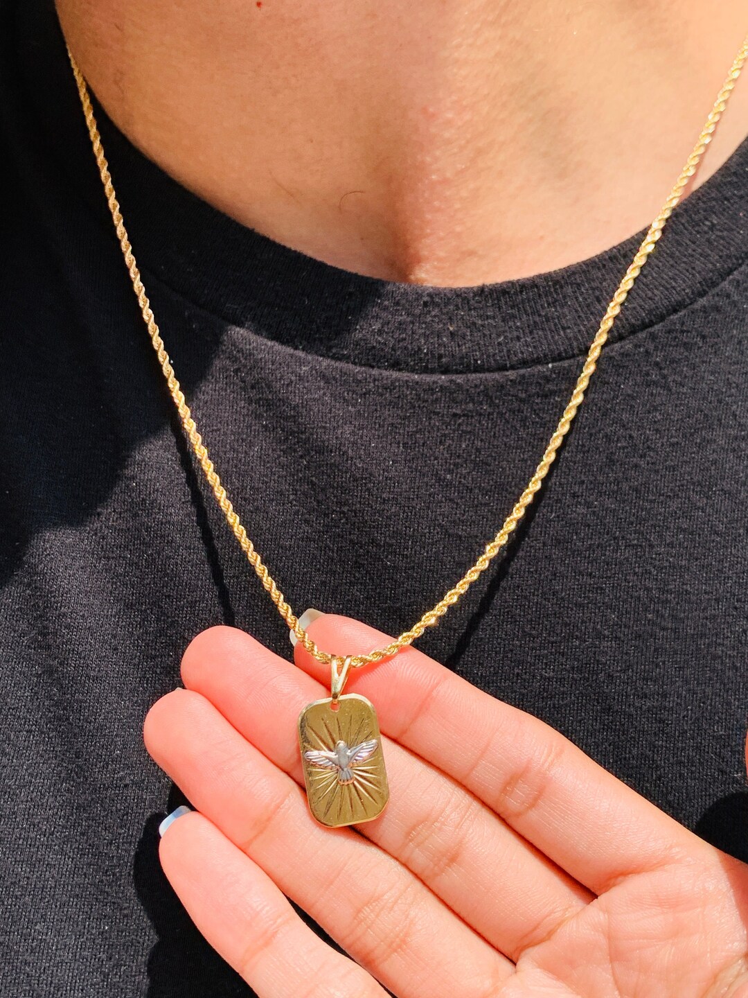 18kt Holy Spirit Charm Necklace, Catholic Necklace, Rope Necklace With ...