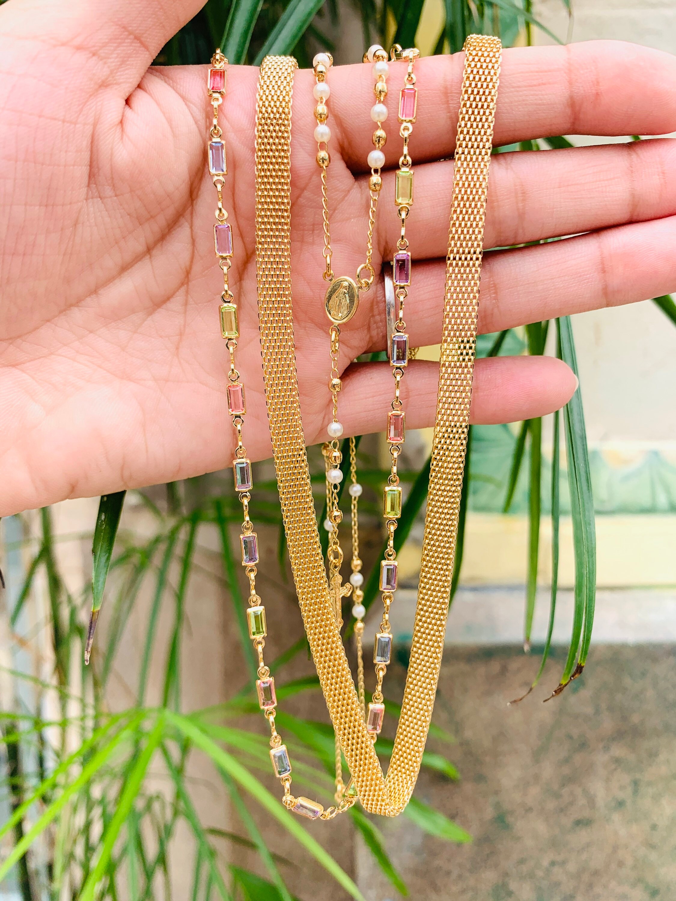18k Long Rosary Chain Necklace Layering Tiny Cross Long | Etsy