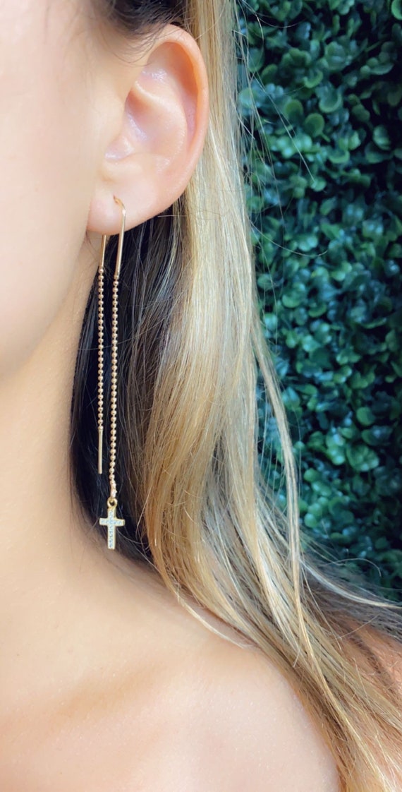 18K Tiny Cross Chain Earrings Dainty Cross Dangling | Etsy